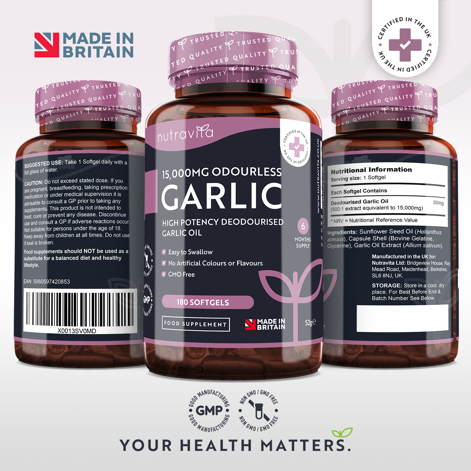 Garlic Capsule Supplements | 180 Soft Gel Capsules | Nutravita ...